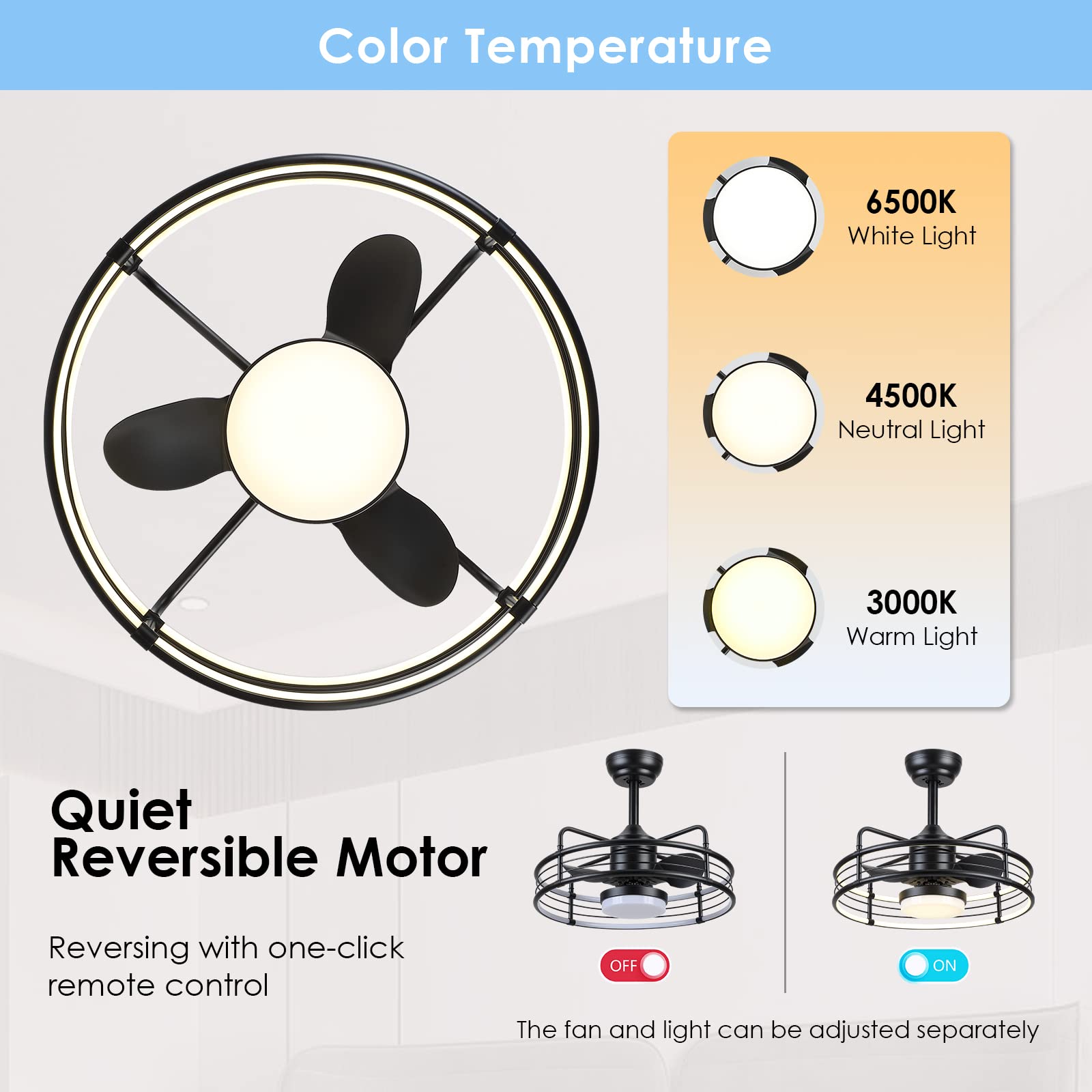 Mpayel Caged Ceiling Fan - Black Modern Ceiling Fans with Remote, Reversible and Dimmable, Low Profile Flush Mount Ceiling Fan with 6-Speed, Bladeless Enclosed Led Fan Light for Bedroom, Kitchen