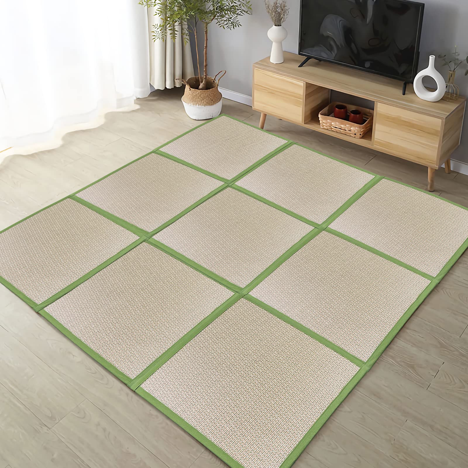 SHJADE Large Tatami Mat, 71'' x 71'' Futon Mattress, Foldable Rattan Floor Mats, Crawling Mats Living Room Bedroom Area Rug with Storage Bag(Green)