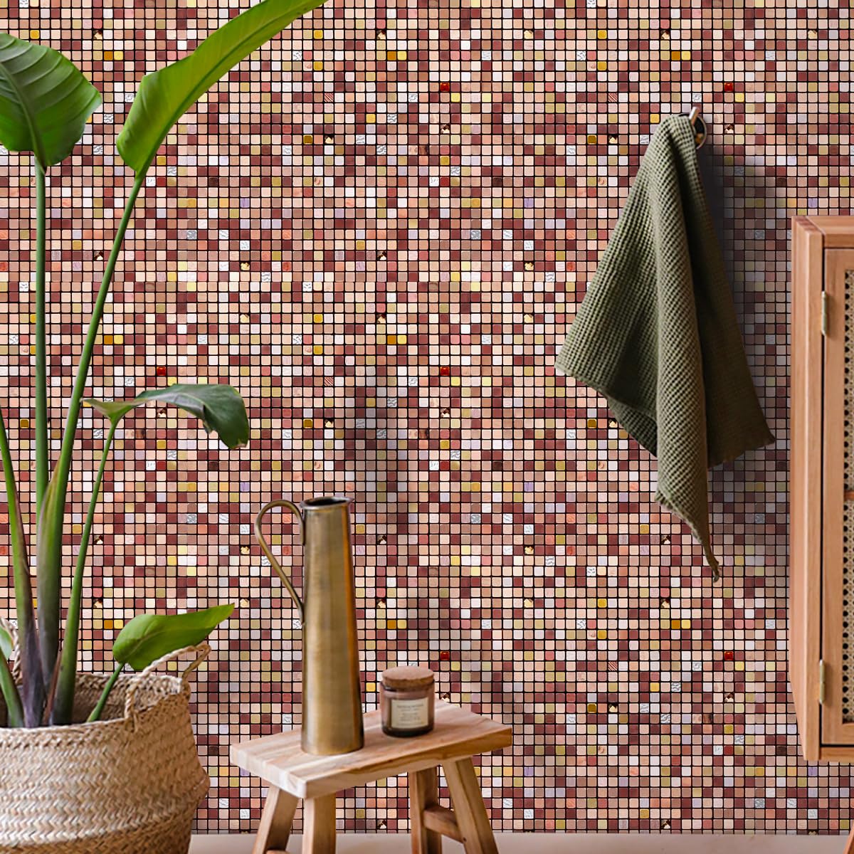 HomeyMosaic 10-Sheet Peel and Stick Backsplash Tile Stick on Kitchen Bathroom Fireplace Plaid Glass in Gradient Copper