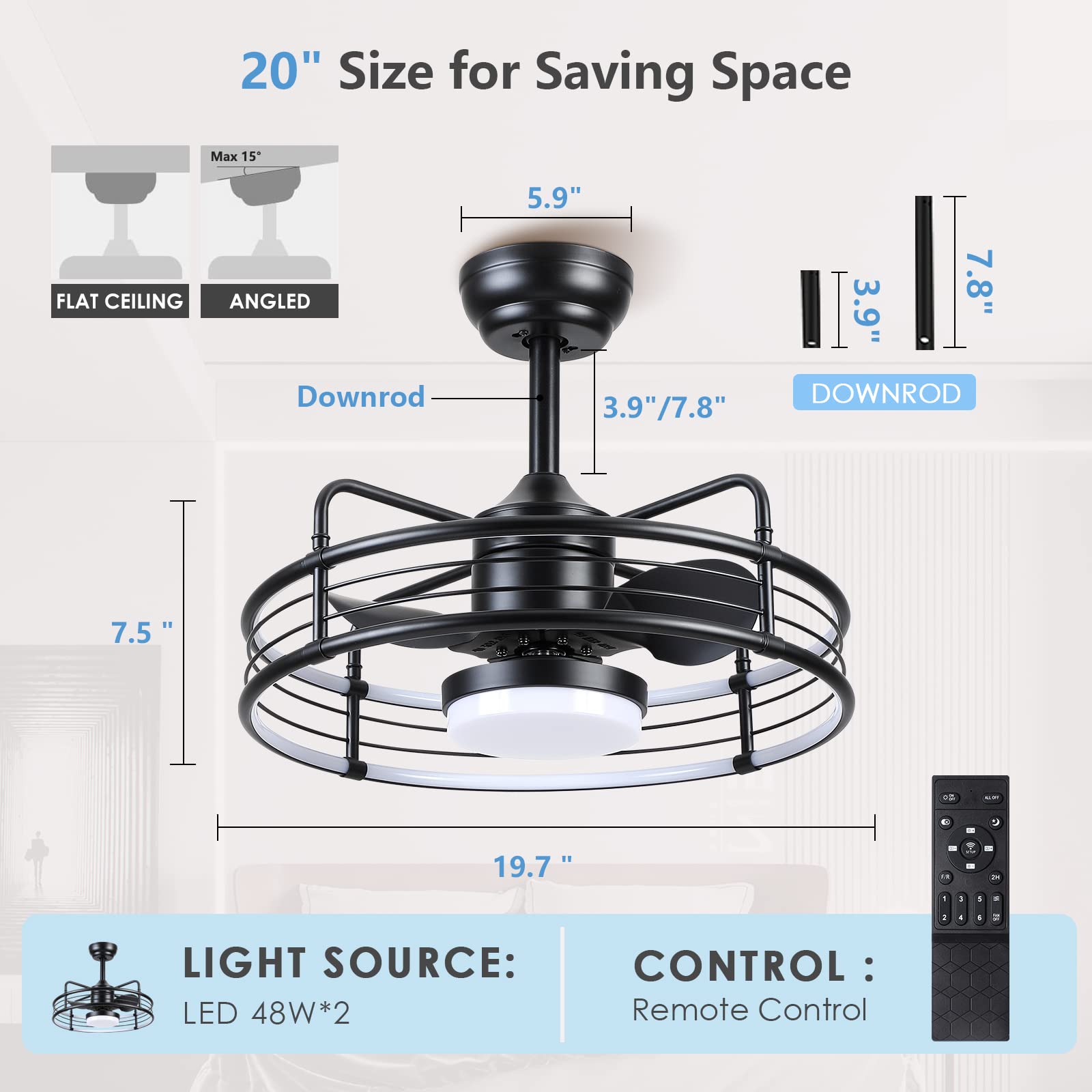 Mpayel Caged Ceiling Fan - Black Modern Ceiling Fans with Remote, Reversible and Dimmable, Low Profile Flush Mount Ceiling Fan with 6-Speed, Bladeless Enclosed Led Fan Light for Bedroom, Kitchen