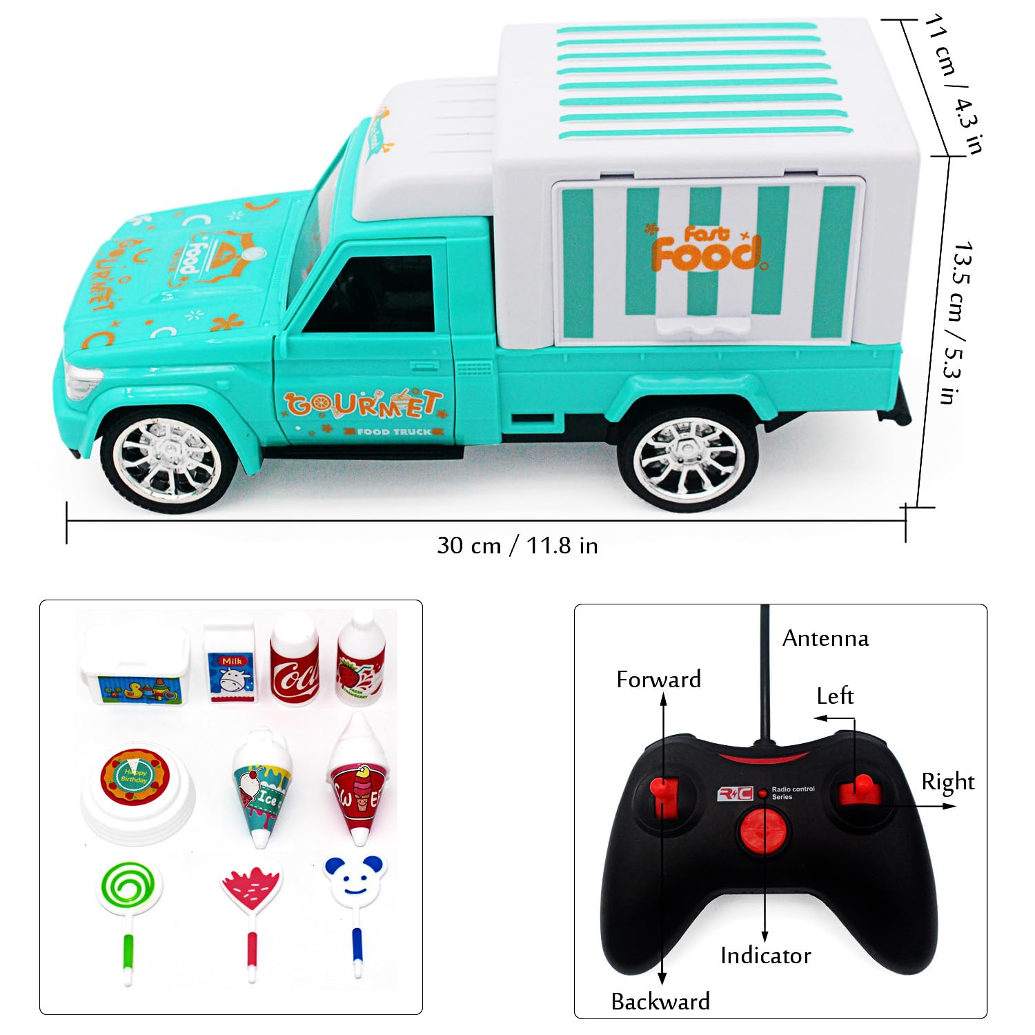 Tipmant Large Size RC Food Truck Remote Control Vehicle Electric Car Toy 4 Channels Light Sound Kids Birthday (Green)
