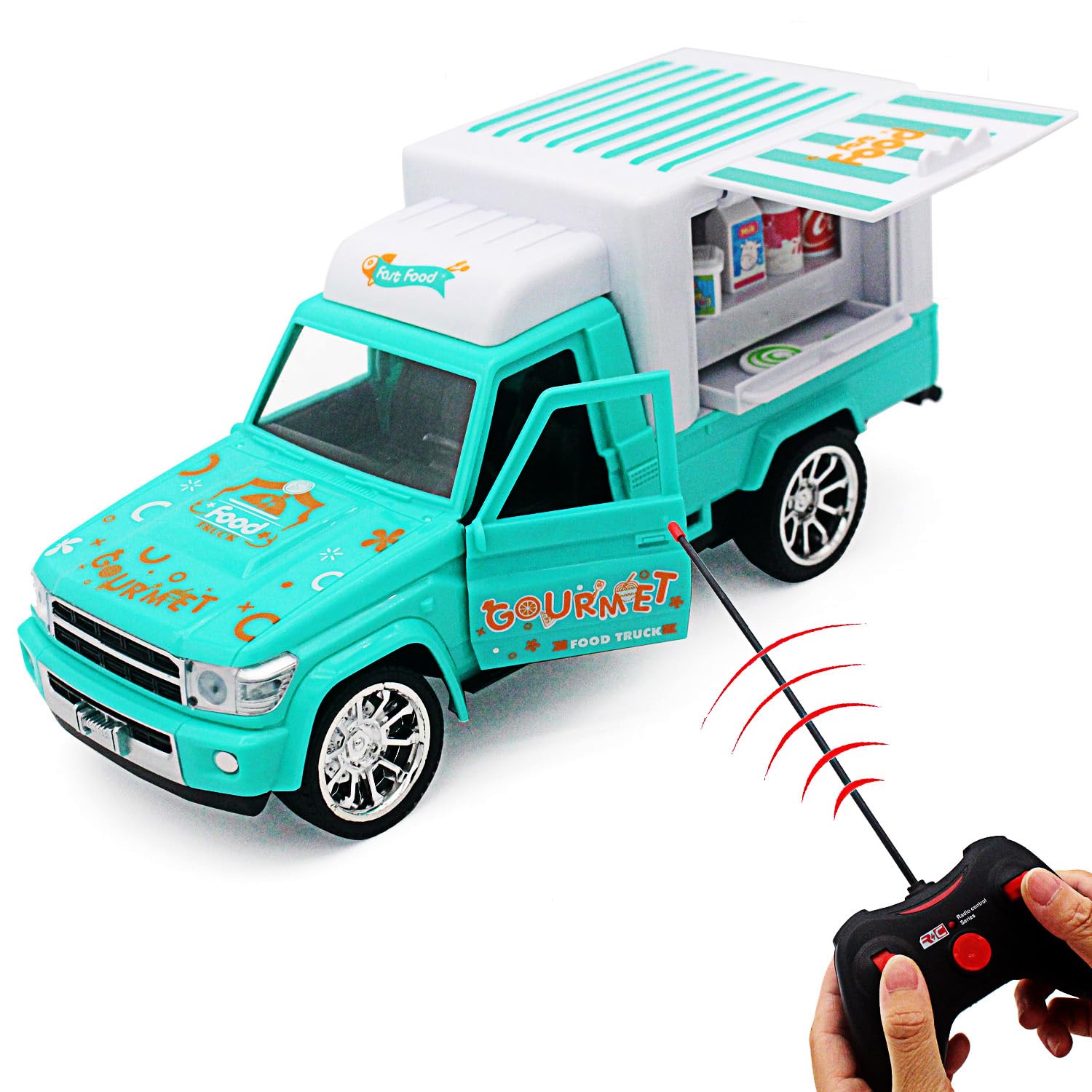 Tipmant Large Size RC Food Truck Remote Control Vehicle Electric Car Toy 4 Channels Light Sound Kids Birthday (Green)
