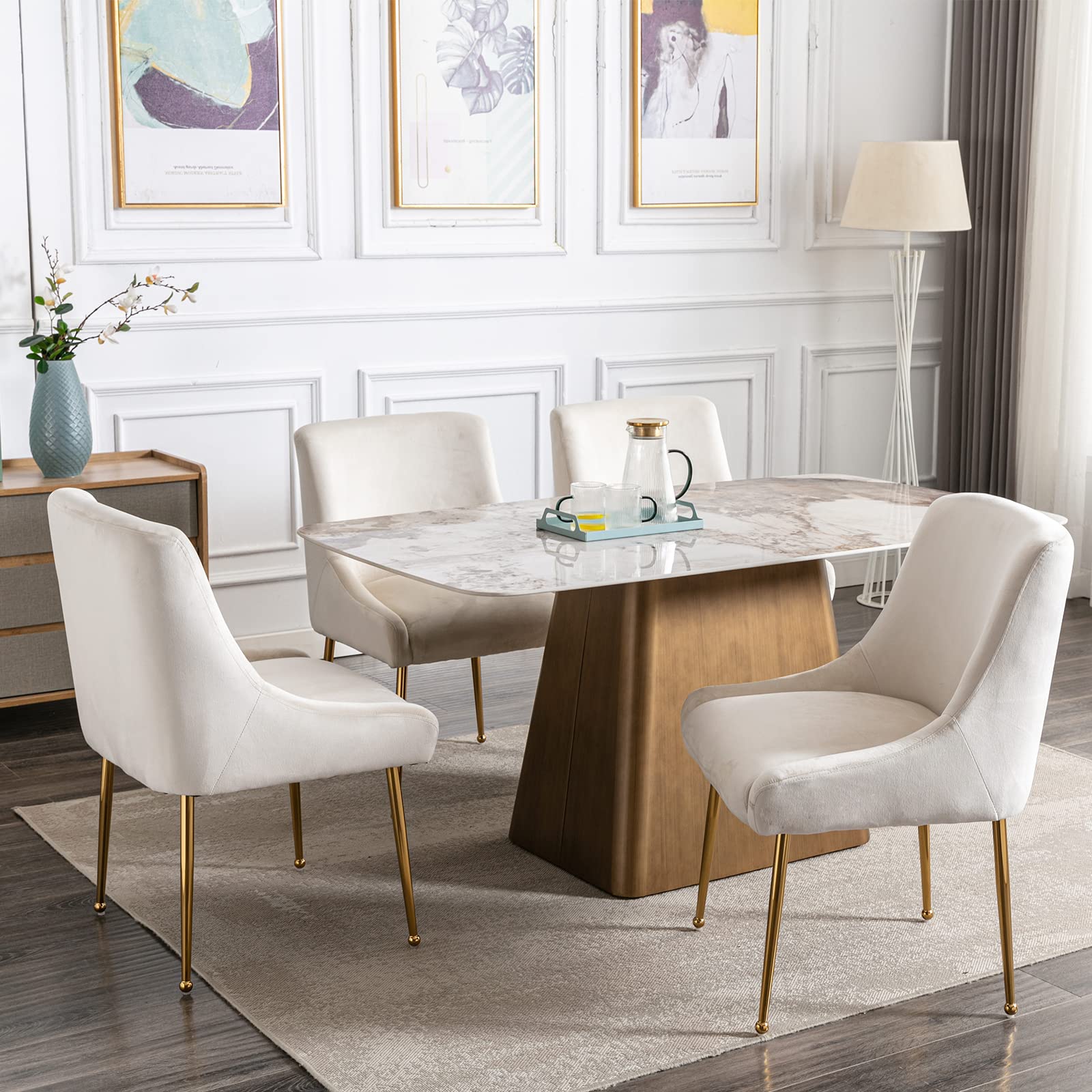 ZHENGHAO Velvet Dining Chairs Set of 6, Modern Accent Kitchen Chairs with Gold Legs Upholstered Guest Chairs for Living Room/Kitchen/Restaurant, White