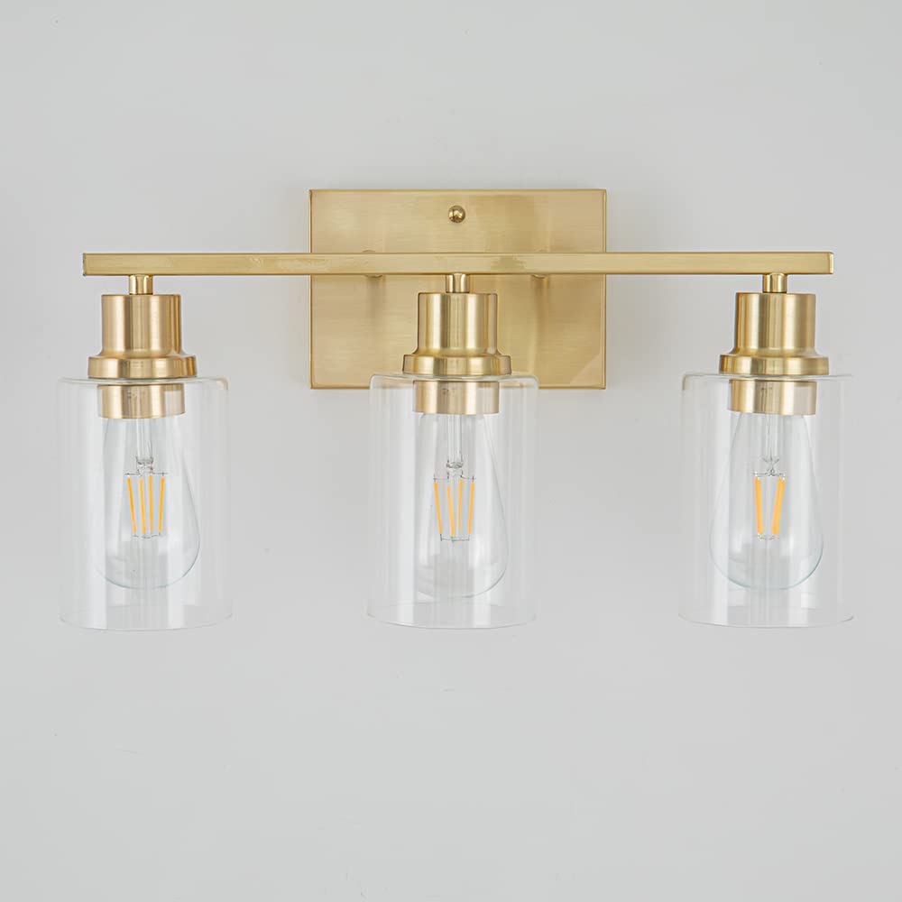 EMONG Gold Bathroom Light Fixtures, 3-Lights Vanity Light with Clear Glass Shade, Brushed Brass Wall Sconce for Hallway, Farmhouse, Living Room