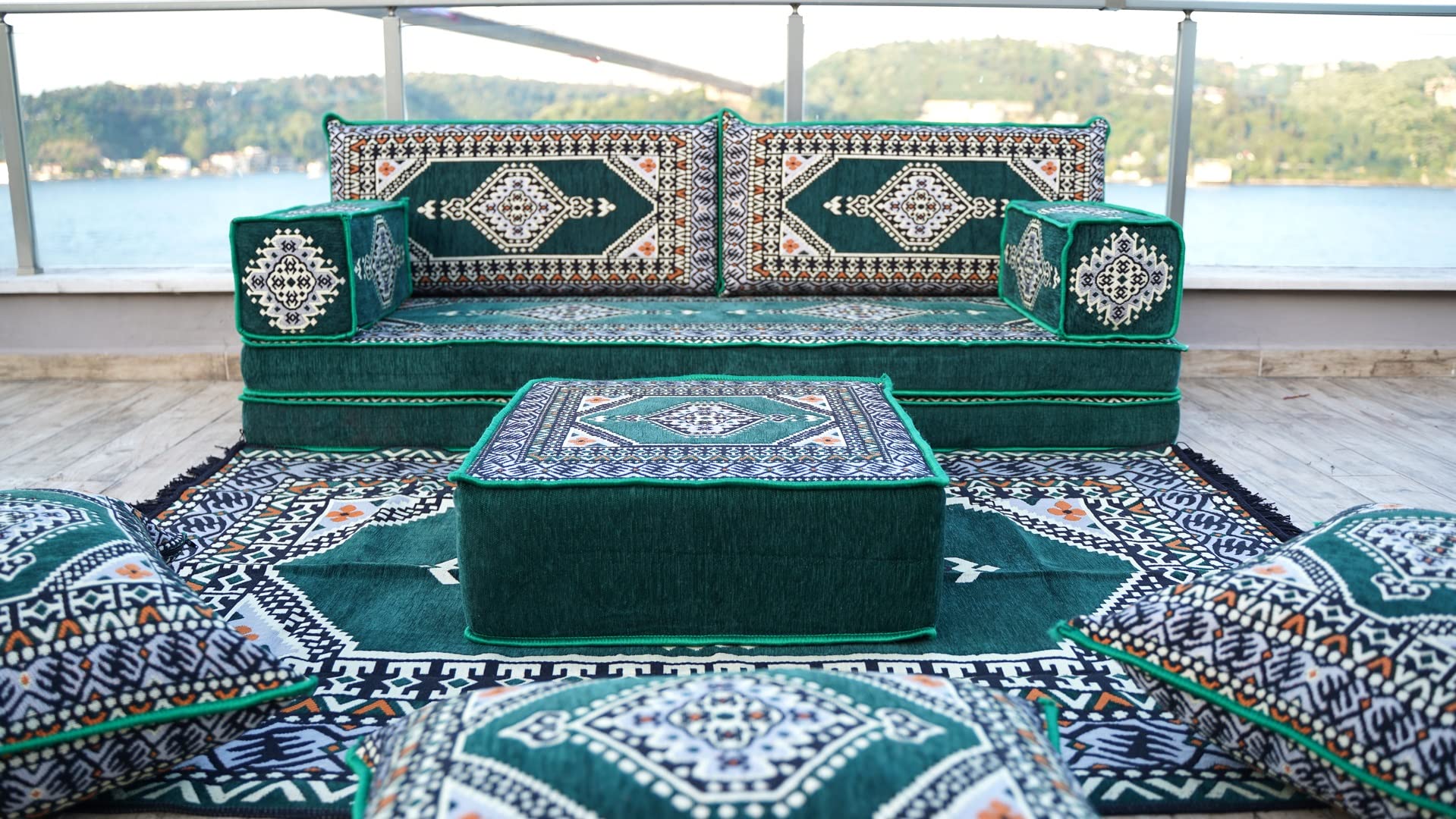 Green Floor Couch Set, Sectional Sofas, Arabic Floor Sofa Set, Yoga Meditation Mat, Futon Sofa Bed, Sofa Covers (Sofa Full Set, 8'' Thickness (20 cm))