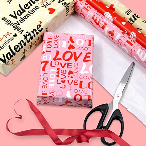 WorldBazaar Valentines Wrapping Paper Roll with Cut Lines Valentine Heart Love Design Gift Wrapping Paper for Valentineās Day Birthday Holiday 3 Pack Red Pink