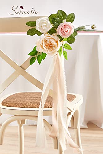 Serwalin 4 Rolls Handmade Fringe Chiffon Silk Ribbon 1.5" x 7Yd Gauze Frayed Edges Nude & White Ribbons Set 28 Yards for Gift Wrapping, Wedding Invitations, Bridal Bouquets,DIY Crafts Decor