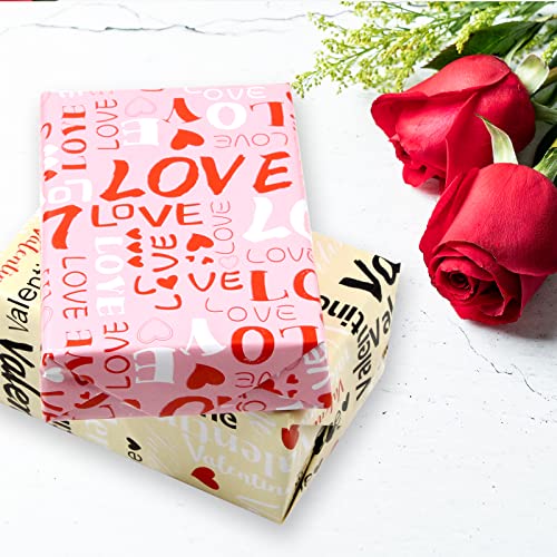 WorldBazaar Valentines Wrapping Paper Roll with Cut Lines Valentine Heart Love Design Gift Wrapping Paper for Valentineās Day Birthday Holiday 3 Pack Red Pink