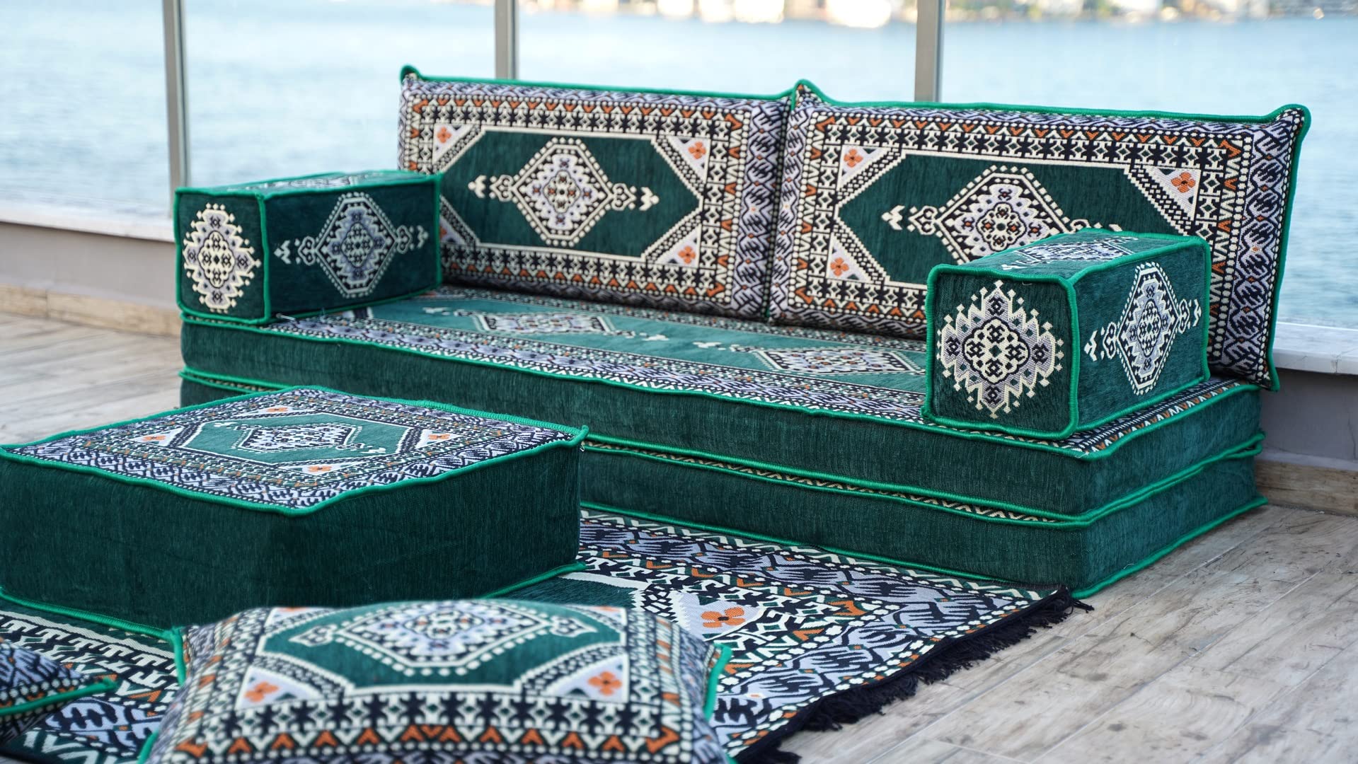 Green Floor Couch Set, Sectional Sofas, Arabic Floor Sofa Set, Yoga Meditation Mat, Futon Sofa Bed, Sofa Covers (Sofa Full Set, 8'' Thickness (20 cm))