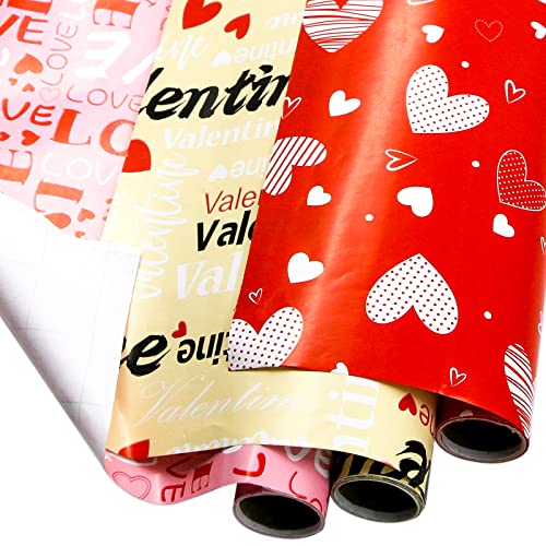 WorldBazaar Valentines Wrapping Paper Roll with Cut Lines Valentine Heart Love Design Gift Wrapping Paper for Valentineās Day Birthday Holiday 3 Pack Red Pink