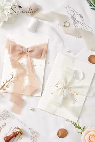 Serwalin 4 Rolls Handmade Fringe Chiffon Silk Ribbon 1.5" x 7Yd Gauze Frayed Edges Nude & White Ribbons Set 28 Yards for Gift Wrapping, Wedding Invitations, Bridal Bouquets,DIY Crafts Decor