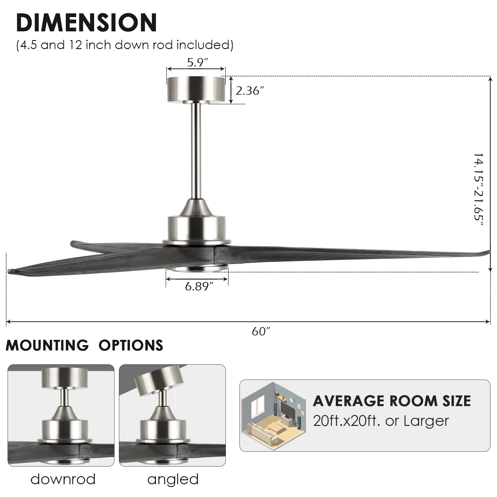 WINGBO 60 Inch DC Ceiling Fan without Lights, 3 Reversible Carved Solid Wood Blades, 6-Speed Noiseless DC Motor, Ceiling Fan No Light with Remote, Brushed Nickel Finish with Gray Blades