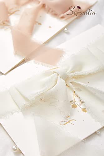 Serwalin 4 Rolls Handmade Fringe Chiffon Silk Ribbon 1.5" x 7Yd Gauze Frayed Edges Nude & White Ribbons Set 28 Yards for Gift Wrapping, Wedding Invitations, Bridal Bouquets,DIY Crafts Decor