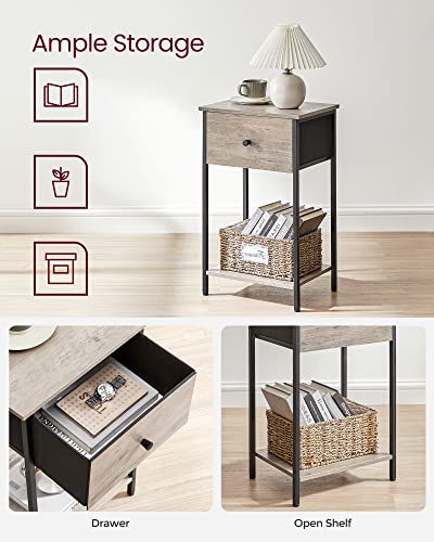 VASAGLE Nightstand, Side Table with Fabric Drawer, 24-Inch Tall End Table with Storage Shelf, Bedroom, Greige and Black ULGS021B02