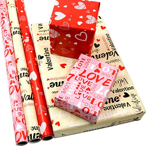 WorldBazaar Valentines Wrapping Paper Roll with Cut Lines Valentine Heart Love Design Gift Wrapping Paper for Valentineās Day Birthday Holiday 3 Pack Red Pink