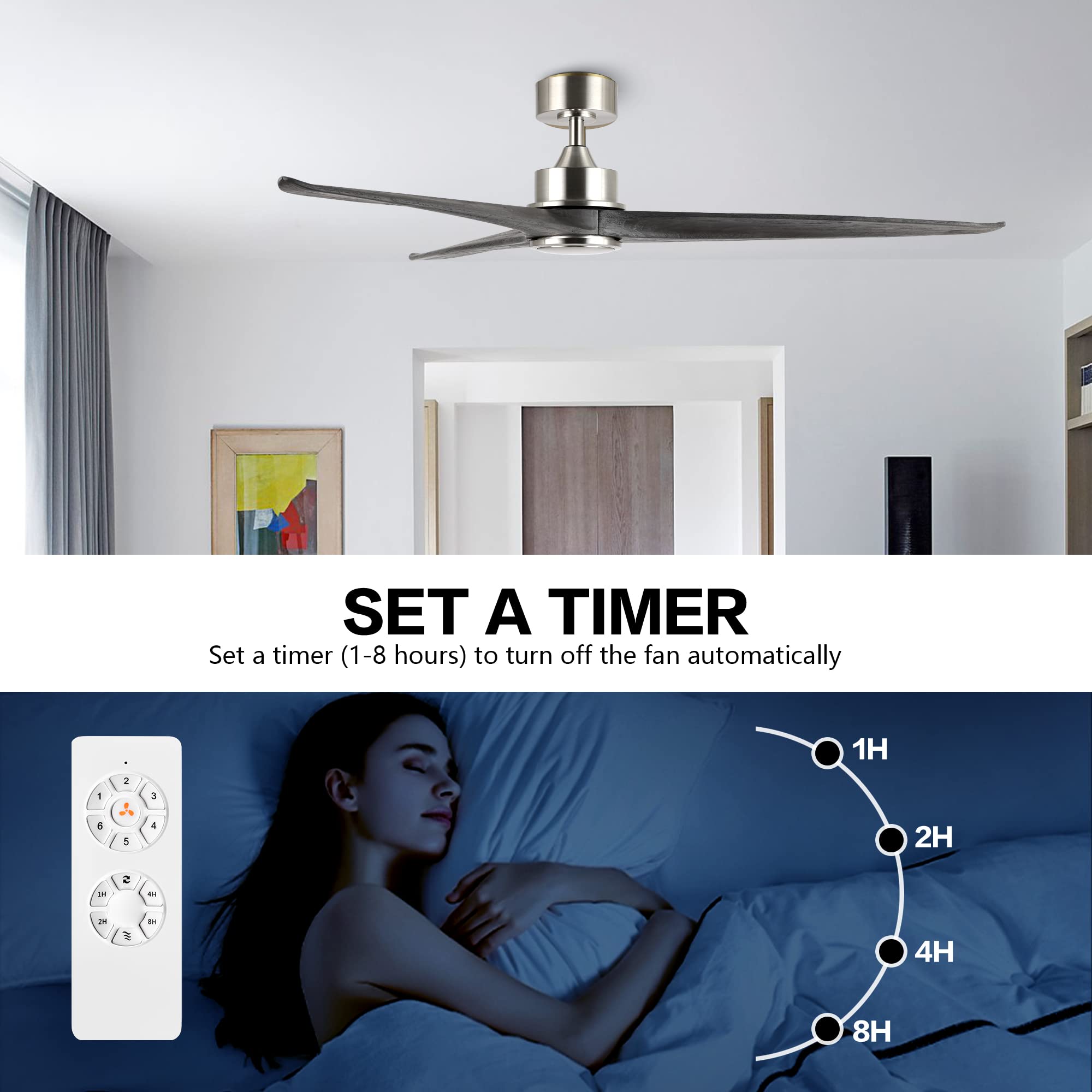 WINGBO 60 Inch DC Ceiling Fan without Lights, 3 Reversible Carved Solid Wood Blades, 6-Speed Noiseless DC Motor, Ceiling Fan No Light with Remote, Brushed Nickel Finish with Gray Blades