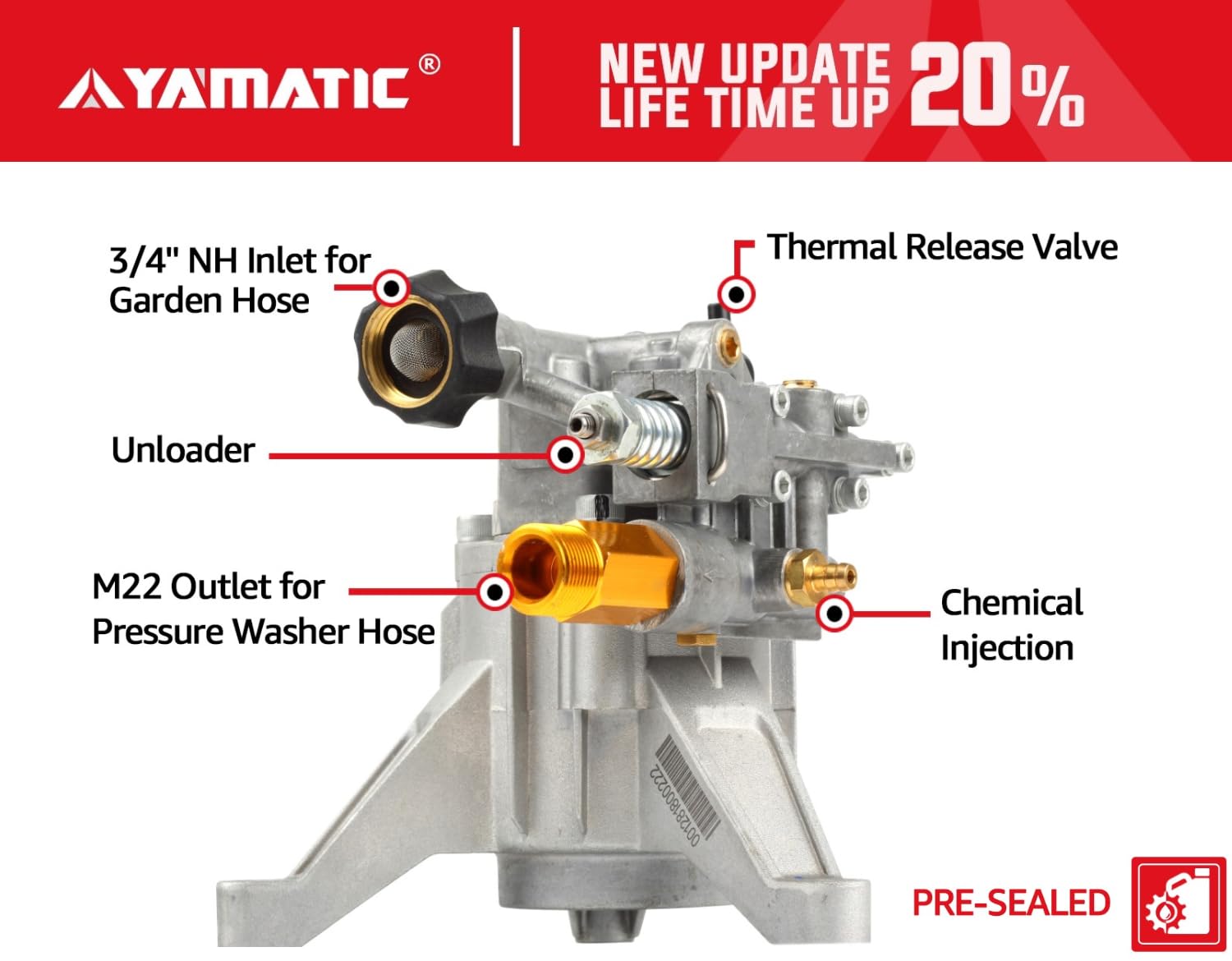 YAMATIC 7/8" Shaft Vertical Pressure Washer Pump 2500 PSI @ 2.2 GPM Replacement Pump for Power Washer, Compatible with Honda GCV160, Troybilt, Craftsman, Ryobi, Rear Facing Inlet/Outlet