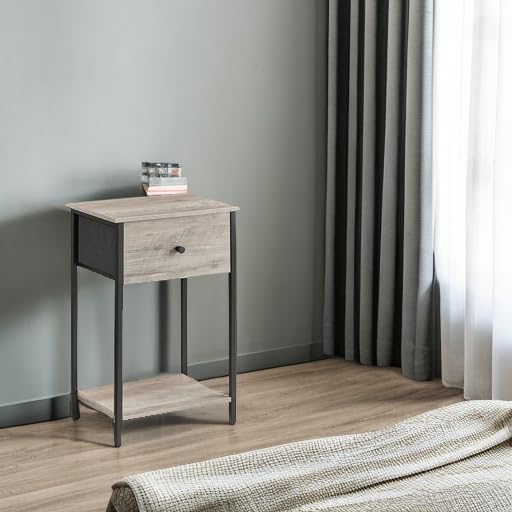 VASAGLE Nightstand, Side Table with Fabric Drawer, 24-Inch Tall End Table with Storage Shelf, Bedroom, Greige and Black ULGS021B02