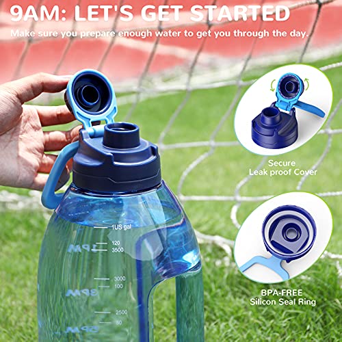 Diller bottle 1 Gallon Water Bottle with Time Marker, Large 128oz Water Bottle to Drink, Motivational Water Jug with handle for Gym Workout, BPA Free, Leak-Proof (Blue)