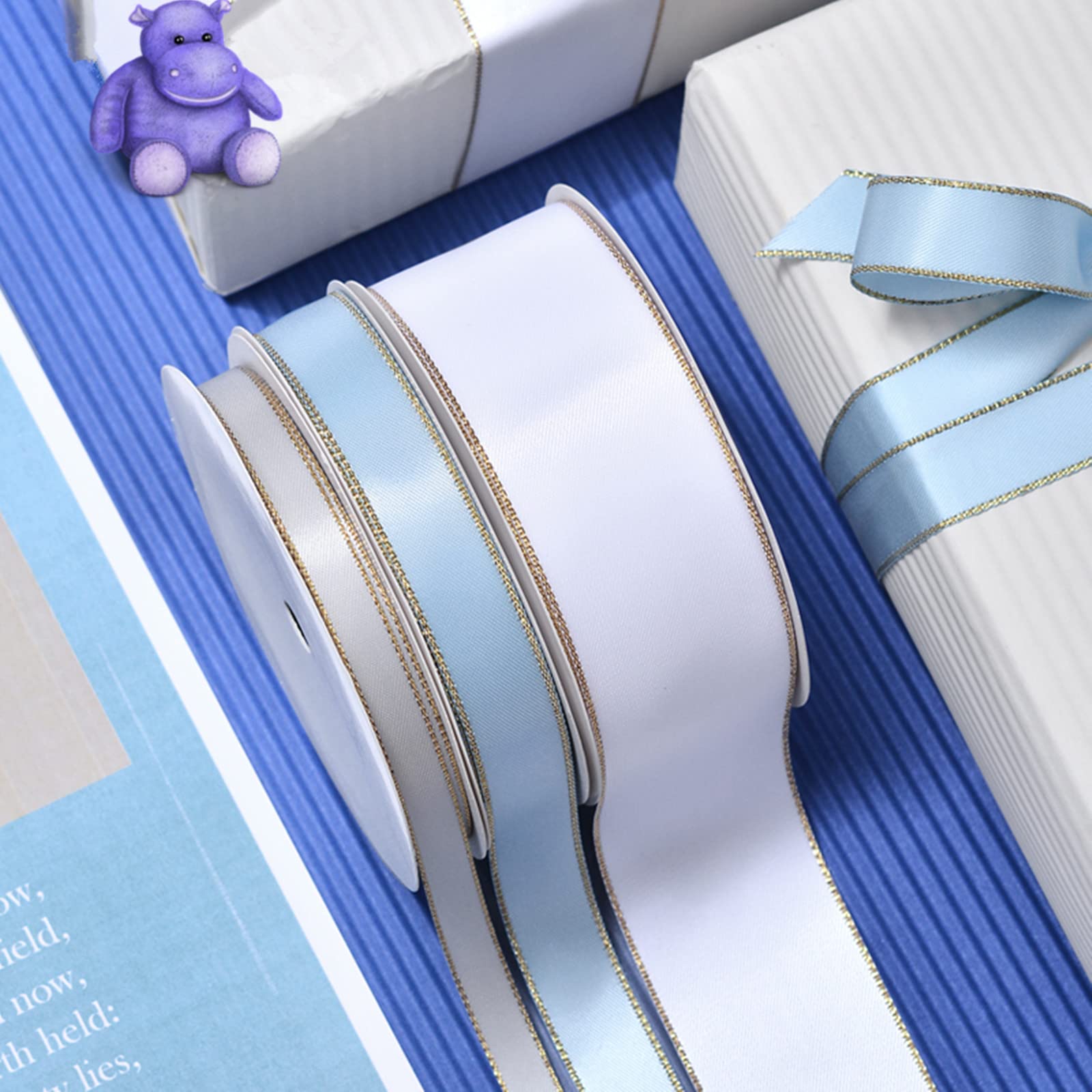 VIVIQUEN White Double Faced Satin Ribbon with Gold Edge, 1-1/2” Polyester Continuous Ribbon -25 Yards,Wide Ribbon for Gift Wrapping,Wedding,Bows Bouquet,Floral Arrangement and Craft