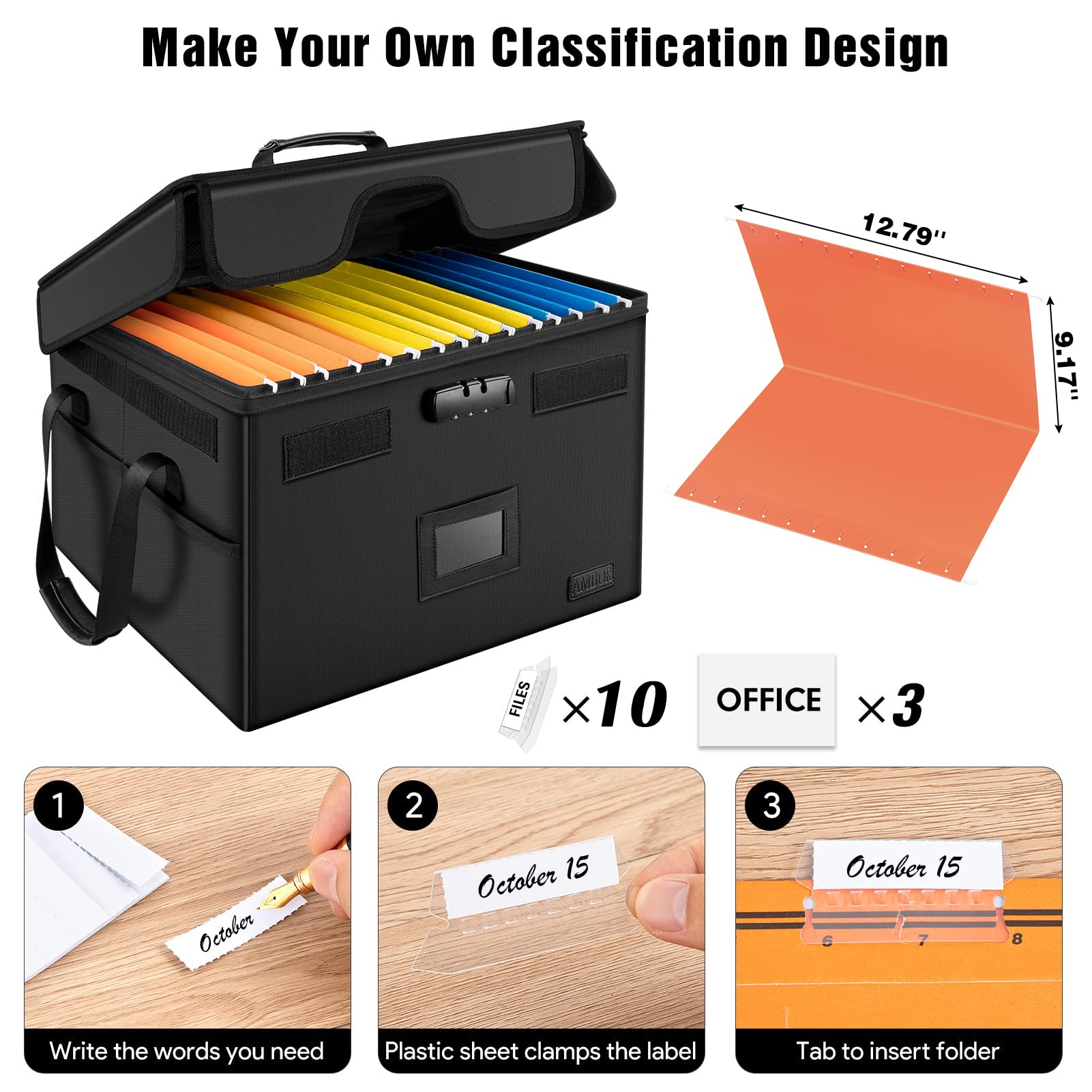 AMBOR File Box with 10 Packs File Folders(Letter Size), Fireproof File Document Box with Lock, Portable Filing Cabinet for Home Office, Document Organizer for File Folders/Certifications/Books