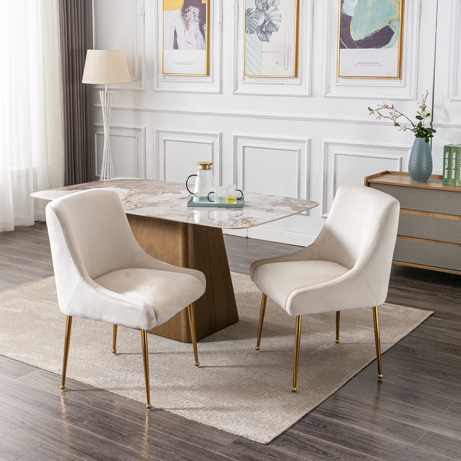 ZHENGHAO Velvet Dining Chairs Set of 6, Modern Accent Kitchen Chairs with Gold Legs Upholstered Guest Chairs for Living Room/Kitchen/Restaurant, White