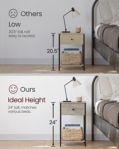 VASAGLE Nightstand, Side Table with Fabric Drawer, 24-Inch Tall End Table with Storage Shelf, Bedroom, Greige and Black ULGS021B02