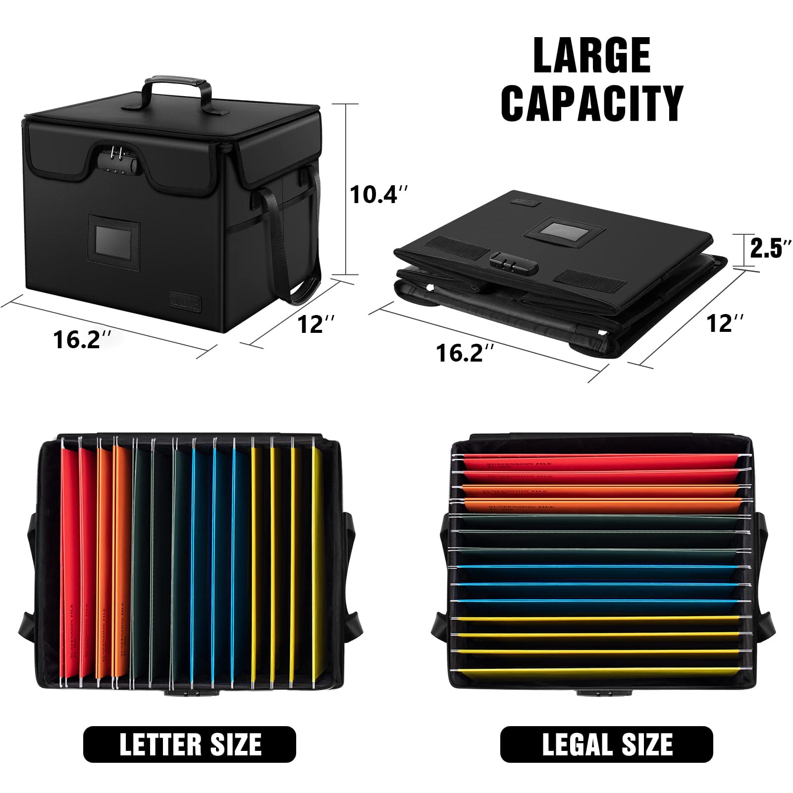 AMBOR File Box with 10 Packs File Folders(Letter Size), Fireproof File Document Box with Lock, Portable Filing Cabinet for Home Office, Document Organizer for File Folders/Certifications/Books