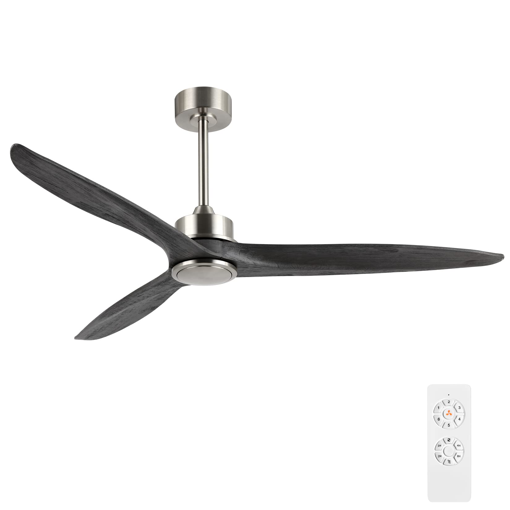 WINGBO 60 Inch DC Ceiling Fan without Lights, 3 Reversible Carved Solid Wood Blades, 6-Speed Noiseless DC Motor, Ceiling Fan No Light with Remote, Brushed Nickel Finish with Gray Blades