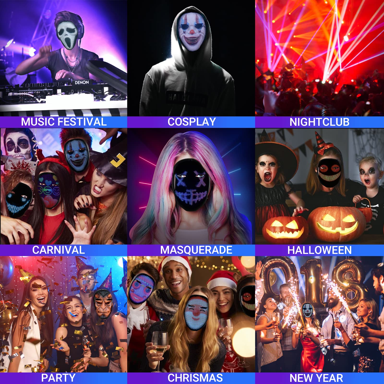 Saparlo LED Mask with Gesture Sensor, Rechargeable Bluetooth Light Up Mask, Face Transforming Shining LED Face Mask, APP Controlled-Programmable Glow Mask for Kids/Adult Cosplay Costume Party