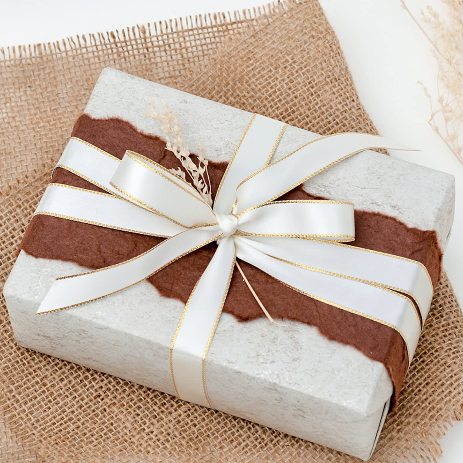 VIVIQUEN White Double Faced Satin Ribbon with Gold Edge, 1-1/2” Polyester Continuous Ribbon -25 Yards,Wide Ribbon for Gift Wrapping,Wedding,Bows Bouquet,Floral Arrangement and Craft