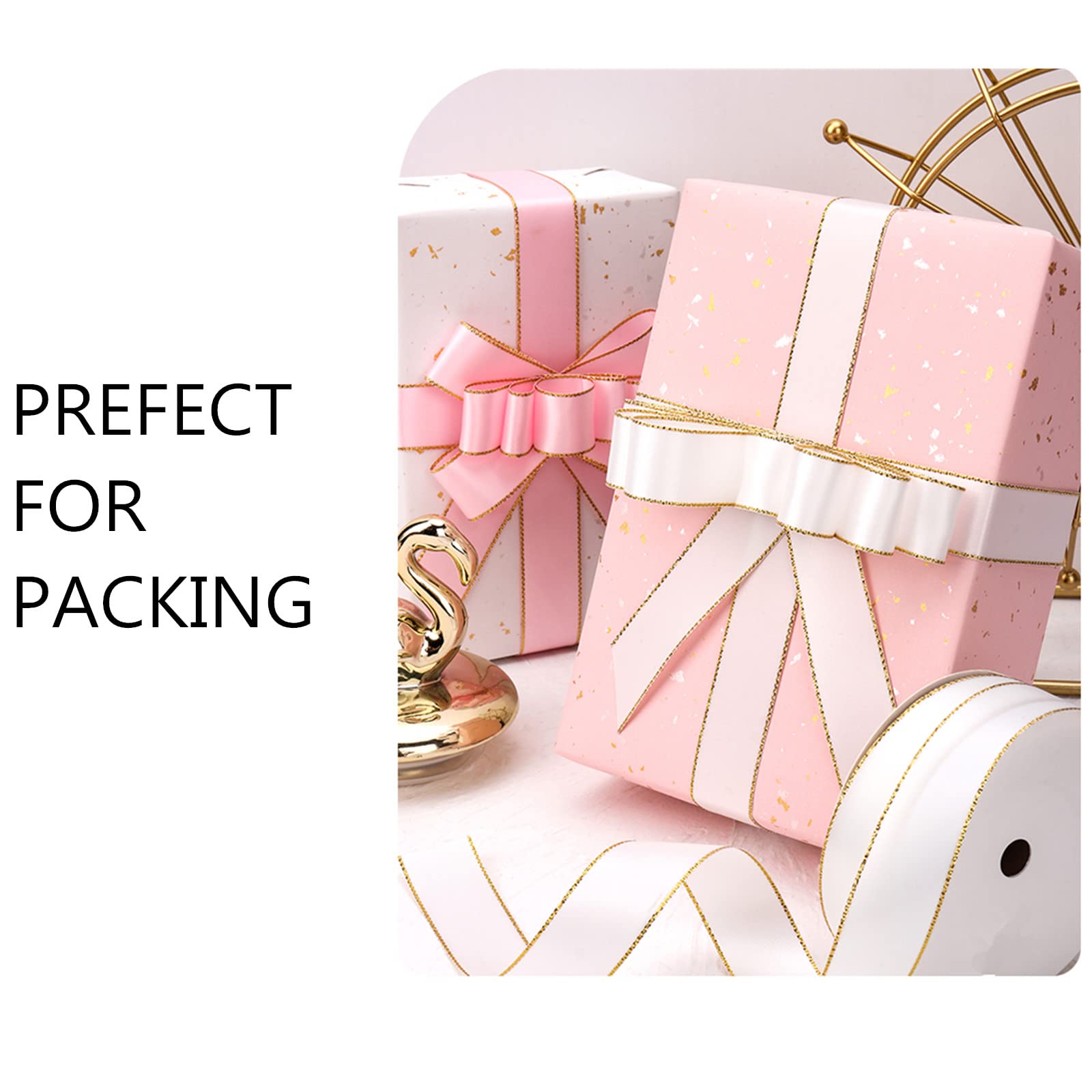 VIVIQUEN White Double Faced Satin Ribbon with Gold Edge, 1-1/2” Polyester Continuous Ribbon -25 Yards,Wide Ribbon for Gift Wrapping,Wedding,Bows Bouquet,Floral Arrangement and Craft