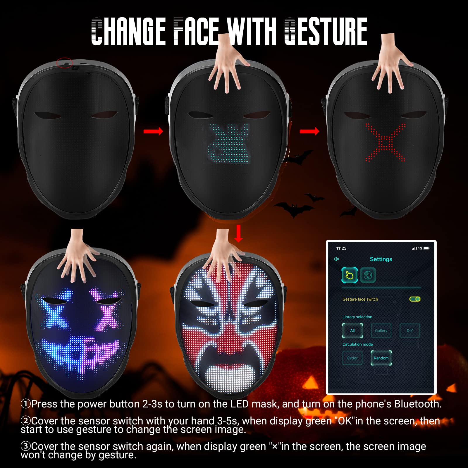 Saparlo LED Mask with Gesture Sensor, Rechargeable Bluetooth Light Up Mask, Face Transforming Shining LED Face Mask, APP Controlled-Programmable Glow Mask for Kids/Adult Cosplay Costume Party