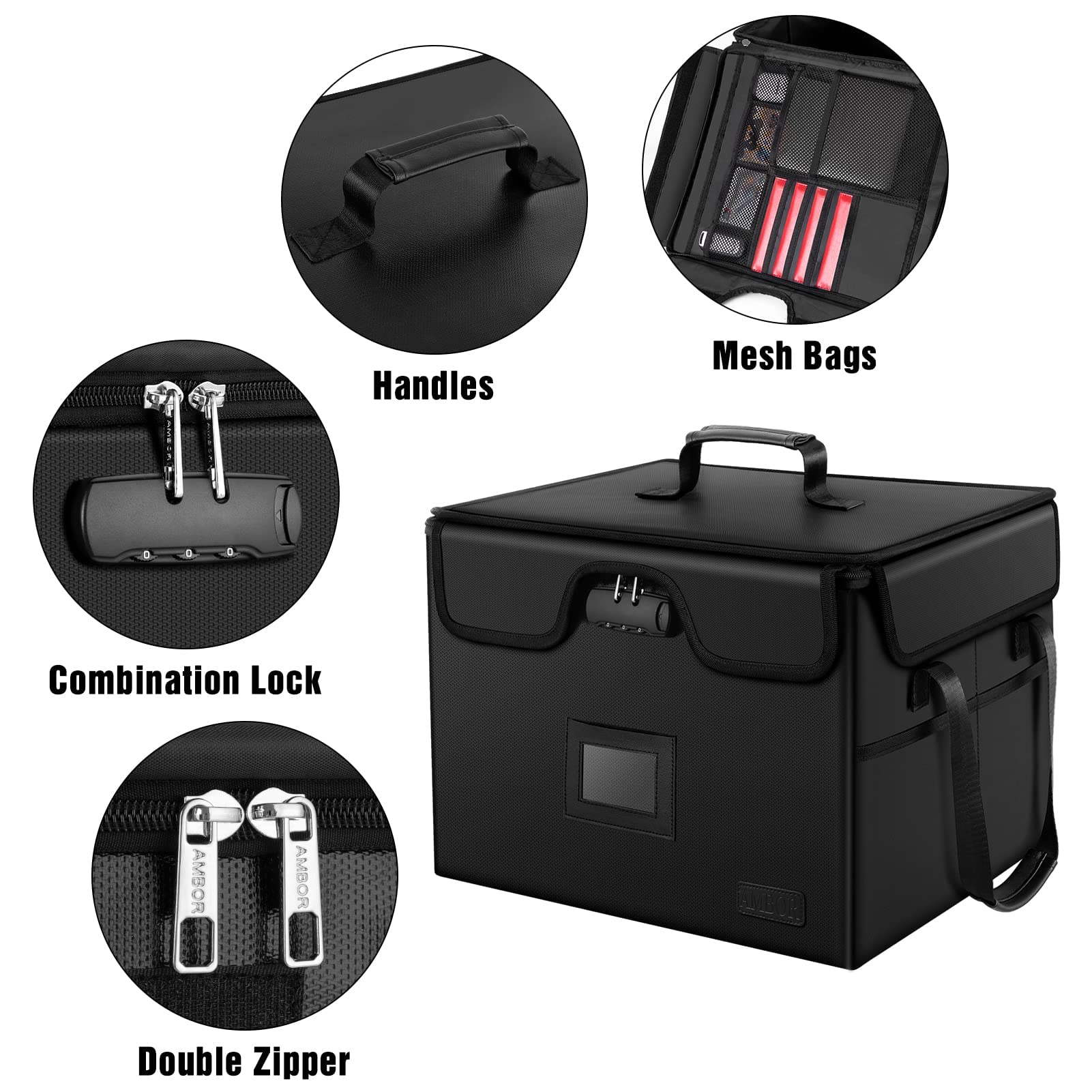 AMBOR File Box with 10 Packs File Folders(Letter Size), Fireproof File Document Box with Lock, Portable Filing Cabinet for Home Office, Document Organizer for File Folders/Certifications/Books