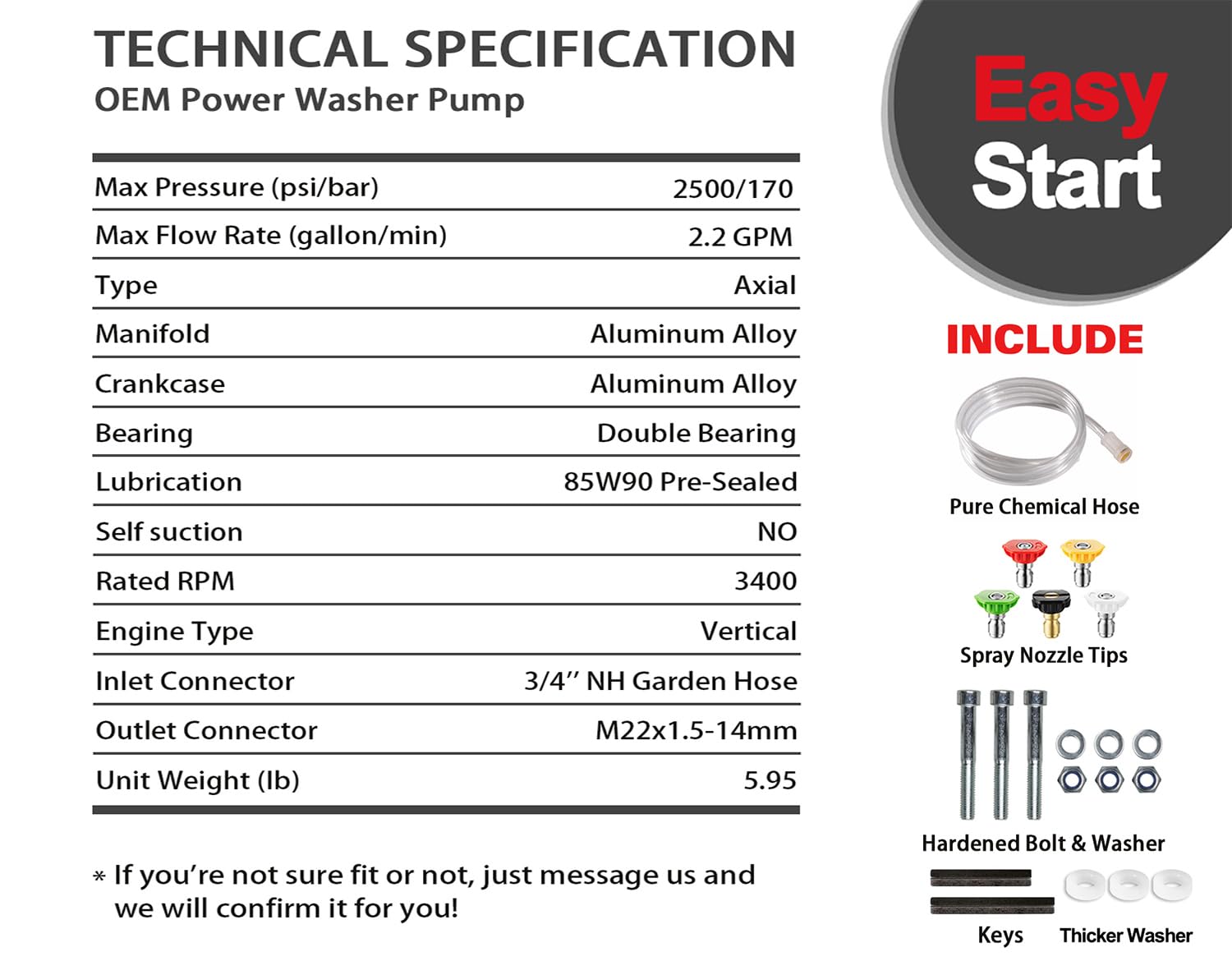 YAMATIC 7/8" Shaft Vertical Pressure Washer Pump 2500 PSI @ 2.2 GPM Replacement Pump for Power Washer, Compatible with Honda GCV160, Troybilt, Craftsman, Ryobi, Rear Facing Inlet/Outlet
