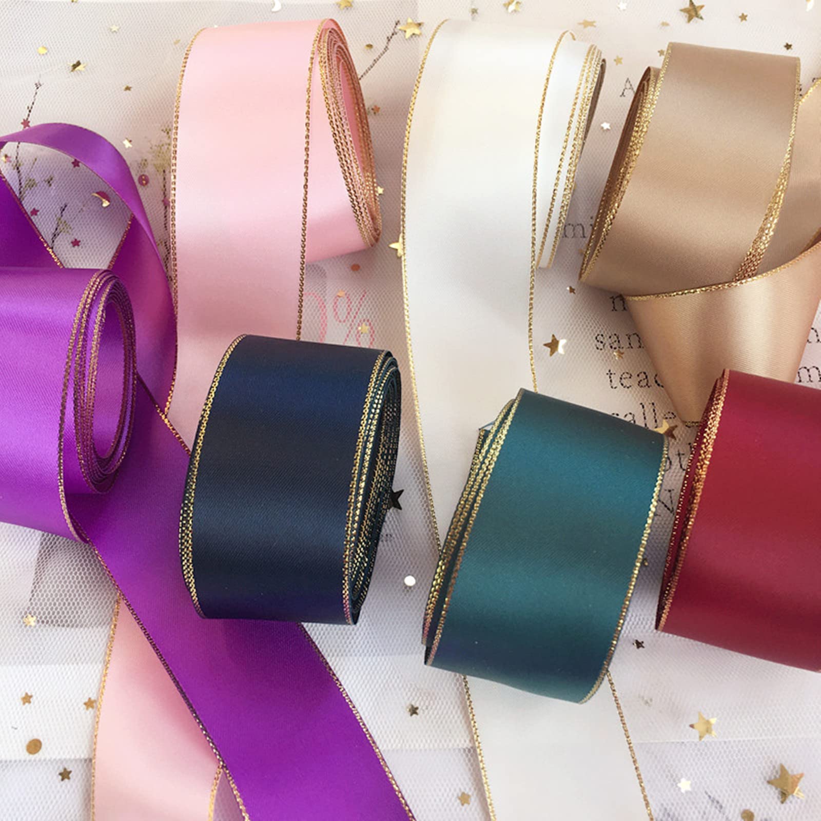 VIVIQUEN White Double Faced Satin Ribbon with Gold Edge, 1-1/2” Polyester Continuous Ribbon -25 Yards,Wide Ribbon for Gift Wrapping,Wedding,Bows Bouquet,Floral Arrangement and Craft