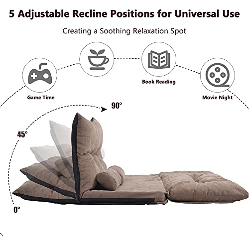 Harper & Bright Designs Adjustable Floor Sofa Couch with 2 Pillows, Foldable Lazy Sofa Sleeper Bed for Reading Gaming Sleeping(Light Brown)