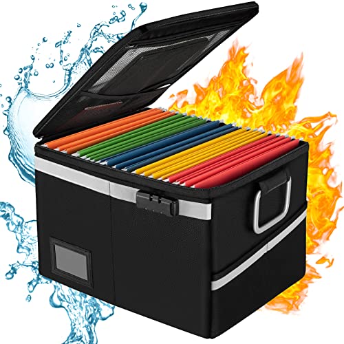Addoklm File Box Fireproof Document Box with Lock,Document Storage Organizer Box,Collapsible File Cabinet with Metal Handle for Letter and Legal Size,Folders/Certificates/Books(Black)