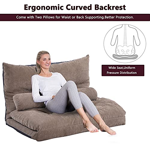 Harper & Bright Designs Adjustable Floor Sofa Couch with 2 Pillows, Foldable Lazy Sofa Sleeper Bed for Reading Gaming Sleeping(Light Brown)