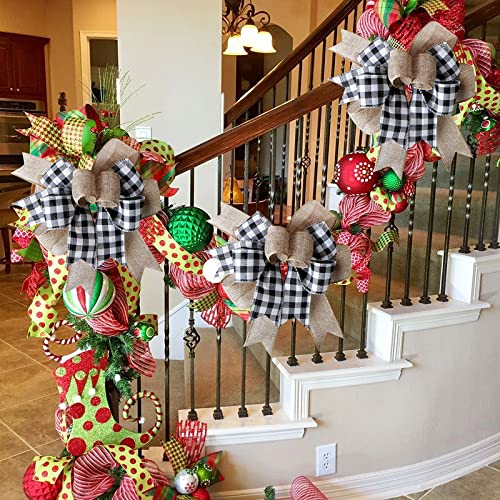 SIMISI RIBBON Christmas Buffalo Plaid Bow Burlap Black White Plaid Bows for Wreath Kitchen Decor 9.5 x 13 inch