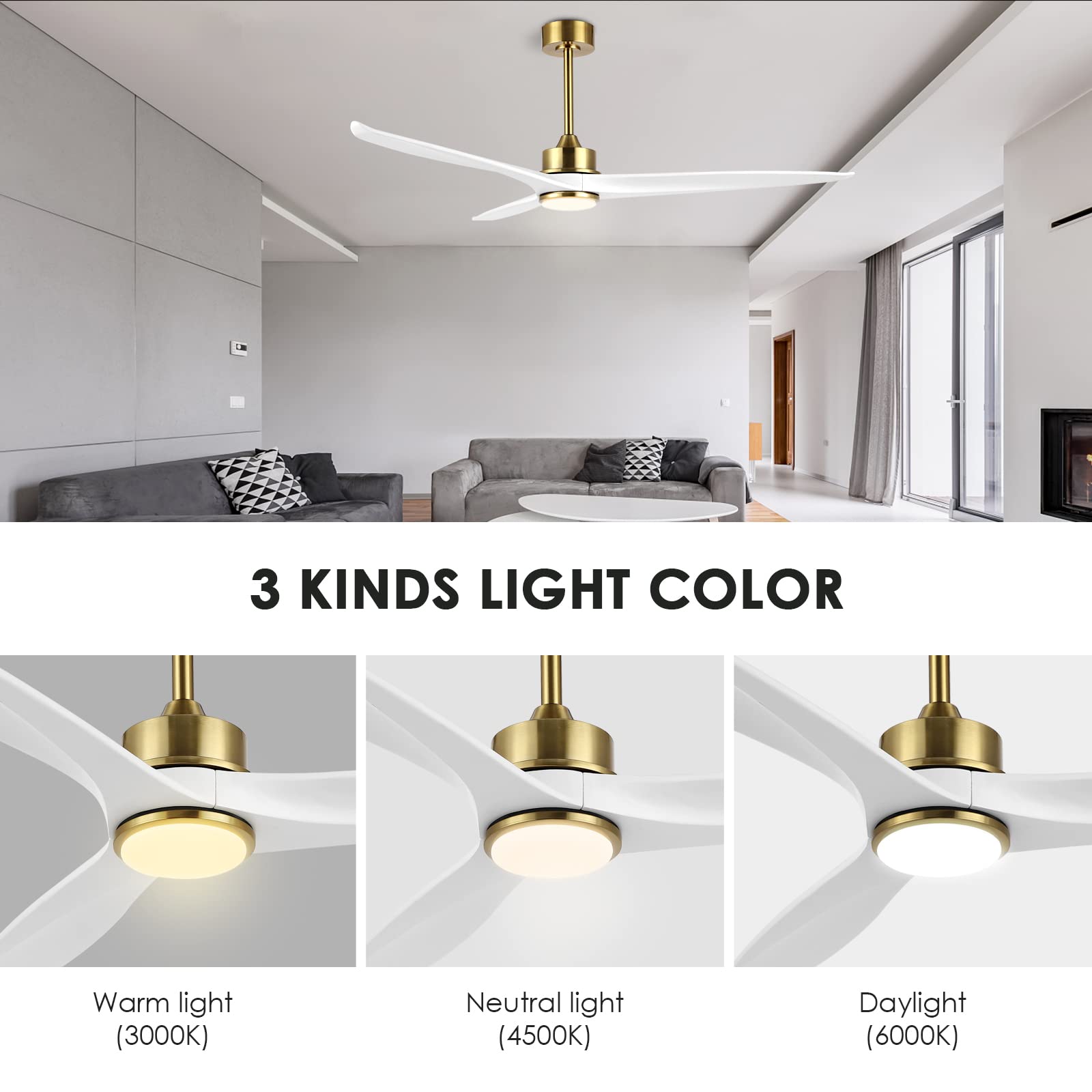 WINGBO 60 Inch DC Ceiling Fan with Lights and Remote Control, 3 Reversible Carved Wood Blades, 6-Speed Noiseless DC Motor, Modern Ceiling Fan in Brass Finish with White Blades