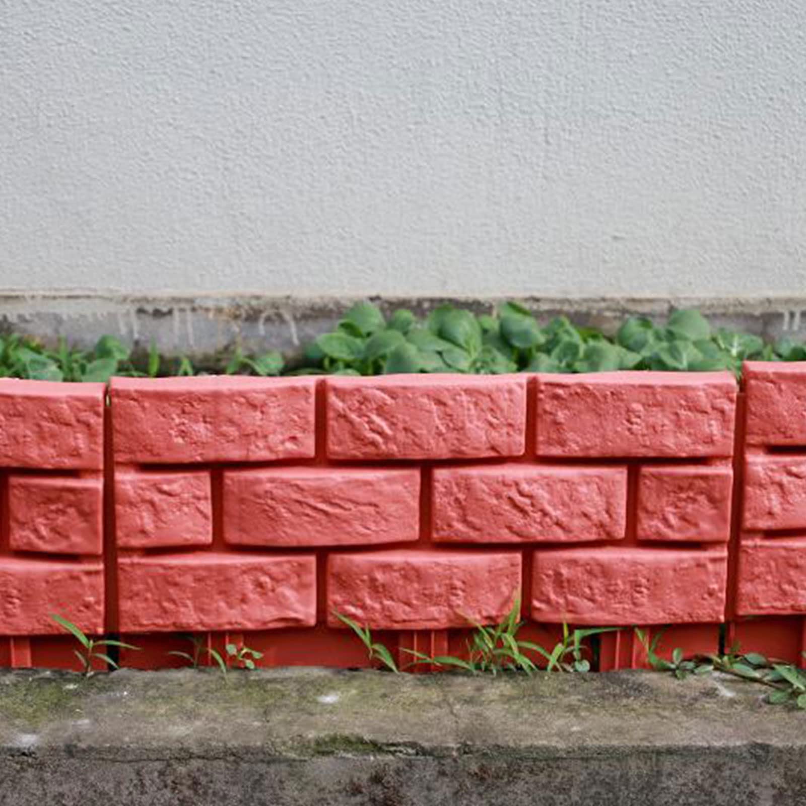 MEUMITY 4 PCS Garden Plastic Fence Edging,Imitation Stone Brick Plant Border Assemblable Plastic Faux Stone Patio Fence for Garden, Terrace, Balcony, Park, DIY(Red)