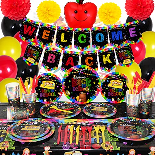 Welcome Back to School Decorations-School Bus Party Supplies Cutlery Set Back to School Banner, Back to School Tablecloth, School Bus Plate for Bus Wheel Parties School Bus Themed Party (BLACK)