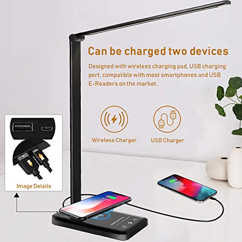 mchatte LED Desk Lamp with Wireless Charger, USB Charging Port, Dimmable Eye-Caring Desk Light with 5 Brightness Levels & 5 Lighting Modes, Touch Control, Auto Timer (Black)
