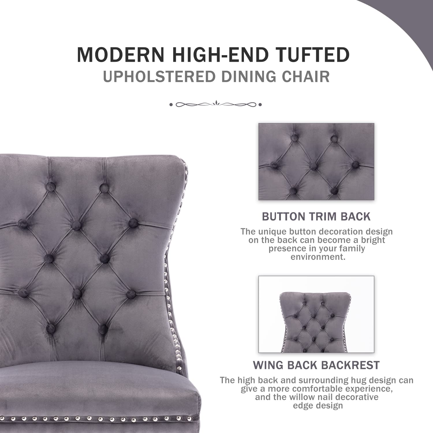 Kiztir Velvet Dining Chairs Set of 4, Upholstered Dining Chairs with Ring Pull Trim and Button Back, Luxury Tufted Dining Chair for Living Room, Bedroom, Kitchen (Gray)