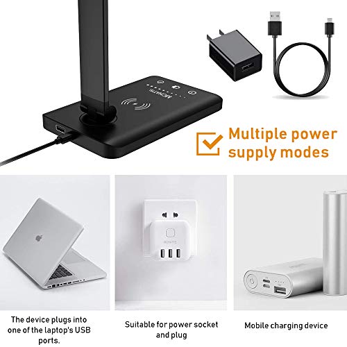 mchatte LED Desk Lamp with Wireless Charger, USB Charging Port, Dimmable Eye-Caring Desk Light with 5 Brightness Levels & 5 Lighting Modes, Touch Control, Auto Timer (Black)
