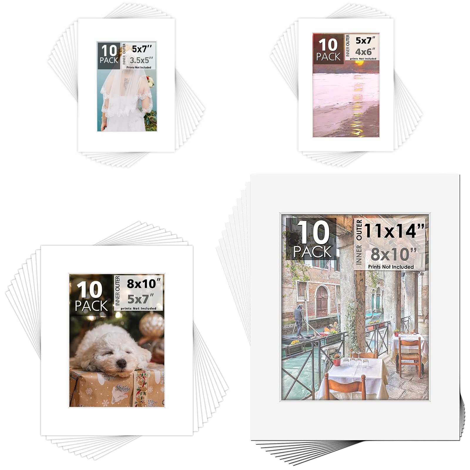 Mat Board Center, 40 Pack White 5x7/8x10/11x14 Picture Mats with White Core Bevel Cut