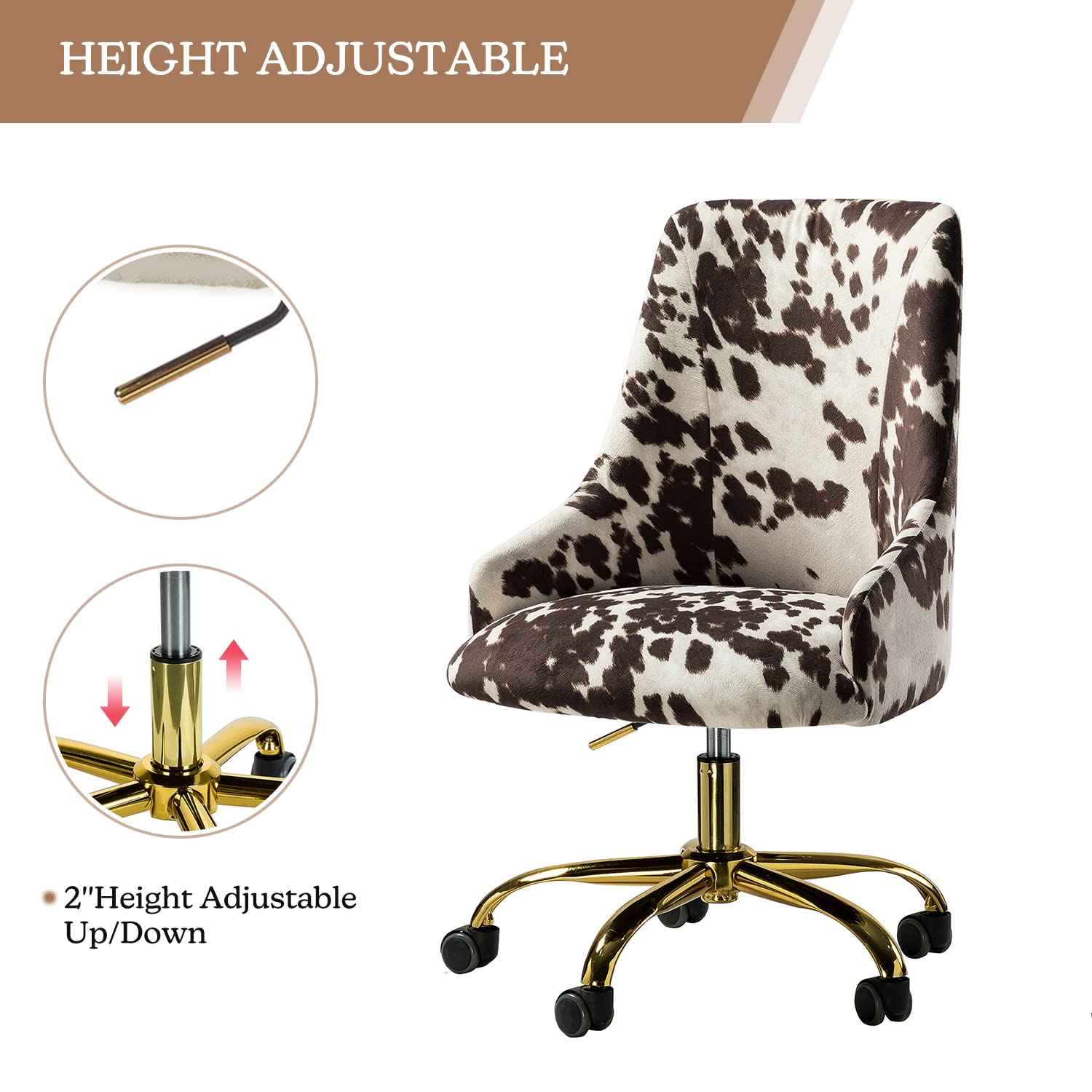 HULALA HOME Upholstered Desk Chair Modern Armless Office Chair with Wheels, Adjustable Swivel Fabric Task Chair for Living Room, Bedroom, Vanity Room(Gold Base, Black)