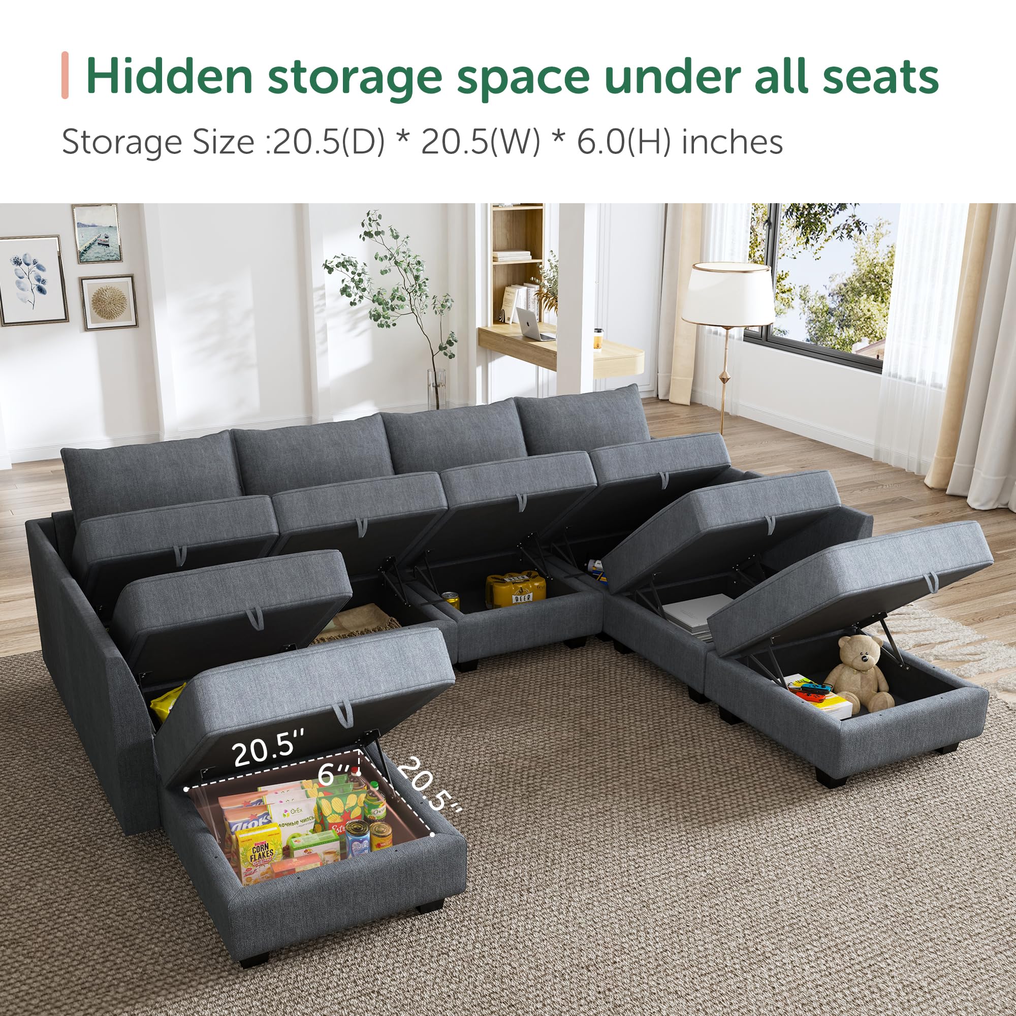 HONBAY Modular Sectional Couch U Shaped Sectional Sofa with Reversible Chaise Modular Sofa Couch with Storage Seat, Bluish Grey
