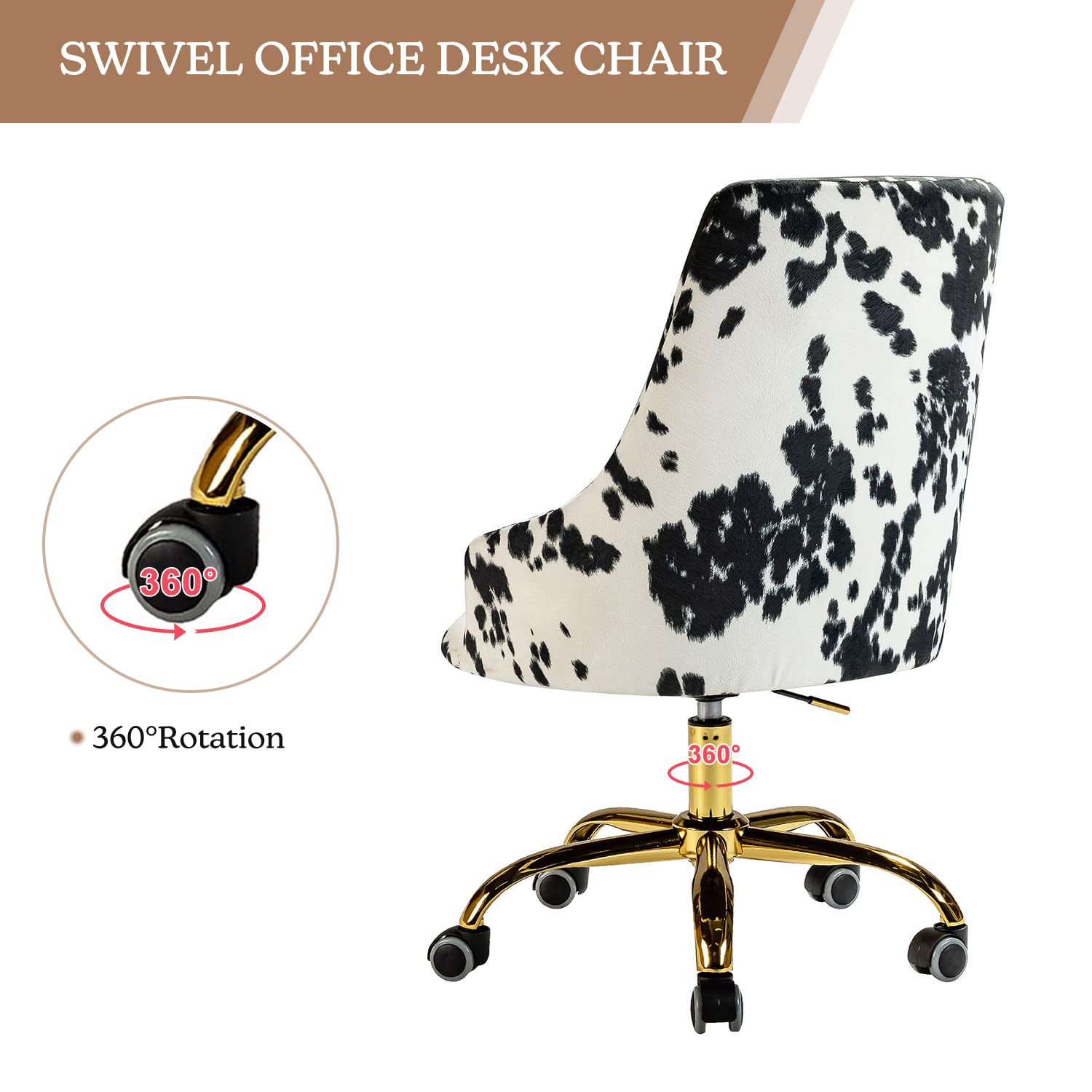 HULALA HOME Upholstered Desk Chair Modern Armless Office Chair with Wheels, Adjustable Swivel Fabric Task Chair for Living Room, Bedroom, Vanity Room(Gold Base, Black)